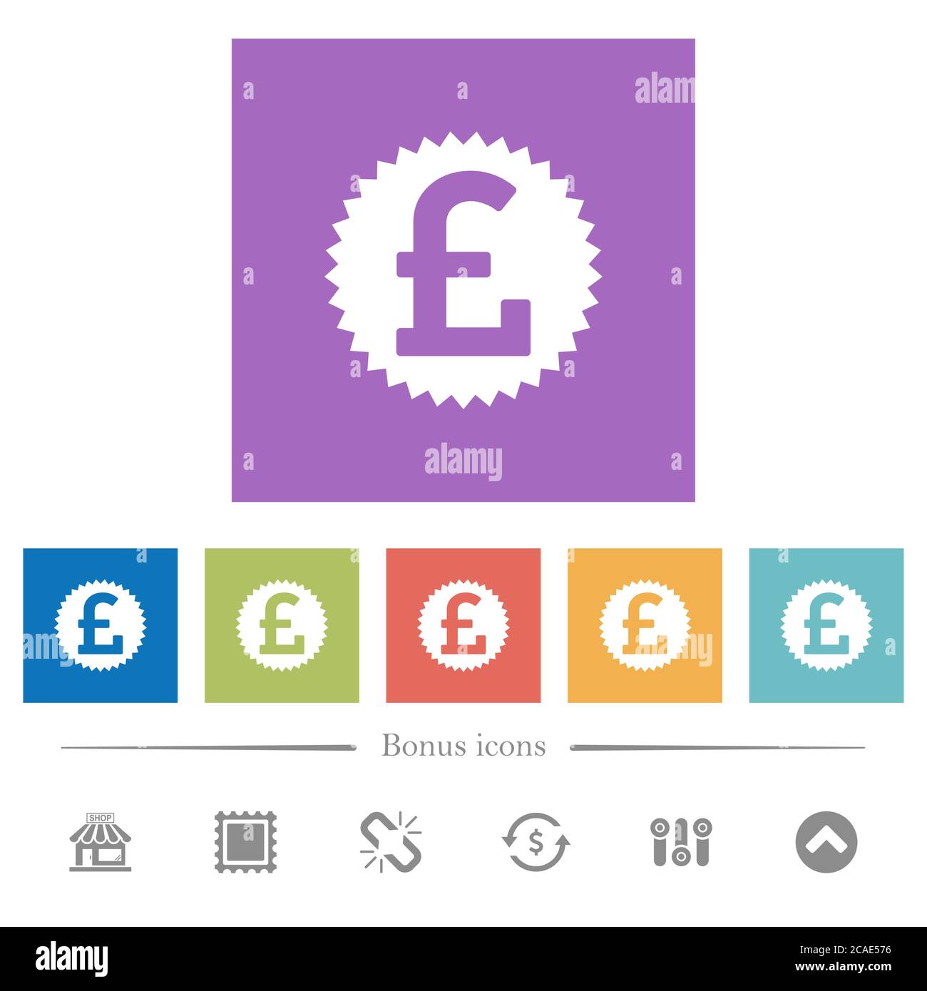 Pound sticker flat white icons in square backgrounds. 6 bonus icons ...