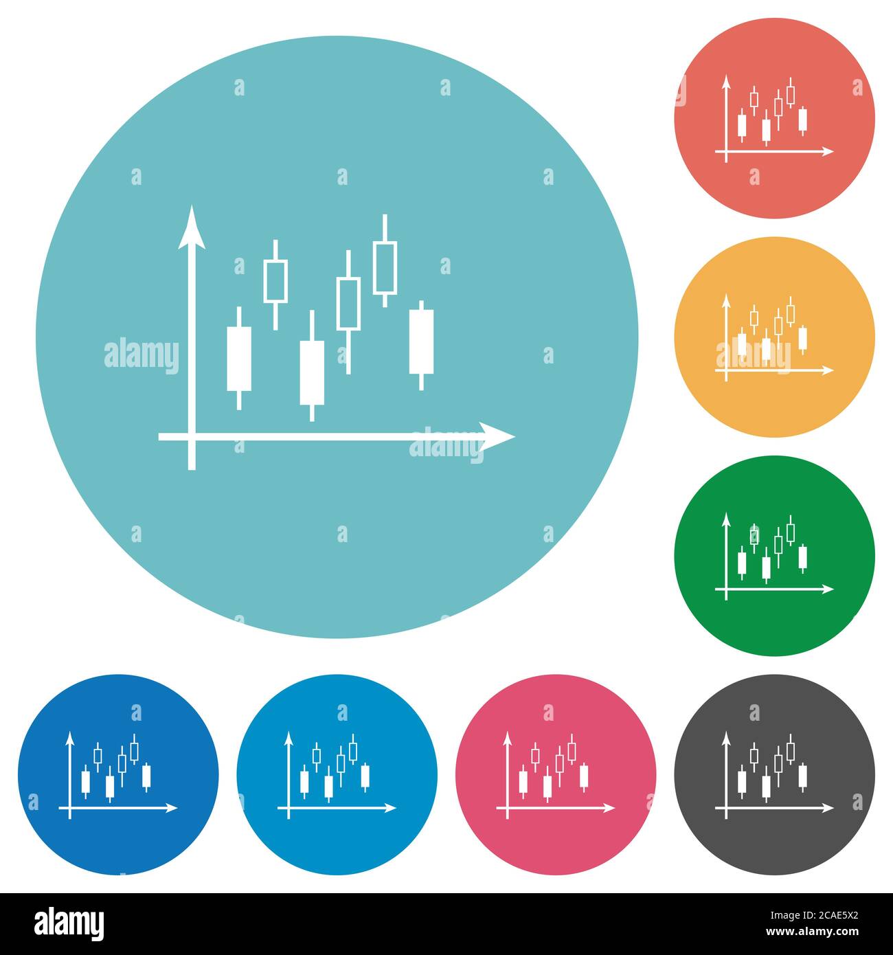 Candlestick graph with axes flat white icons on round color backgrounds ...