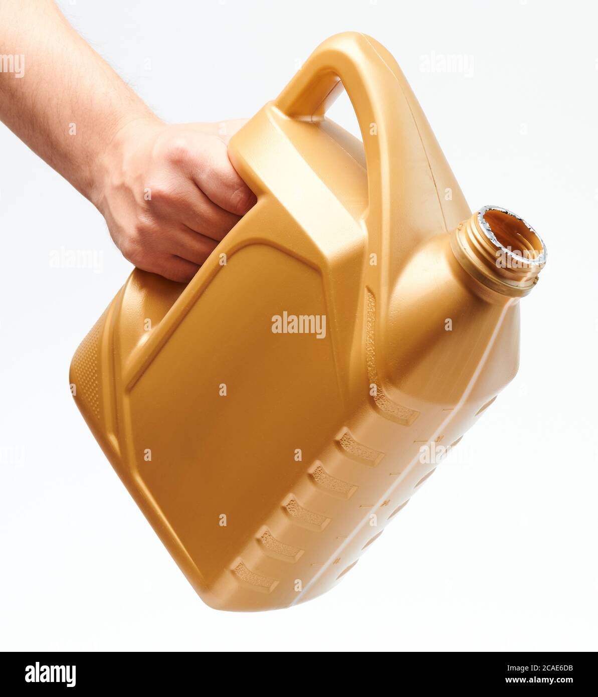 Hand hold open yellow jerrycan isolated on white background Stock Photo ...