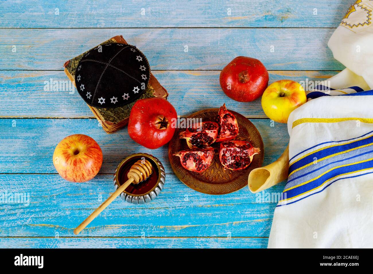 Table in the synagogue are symbols of Rosh Hashanah apple and ...