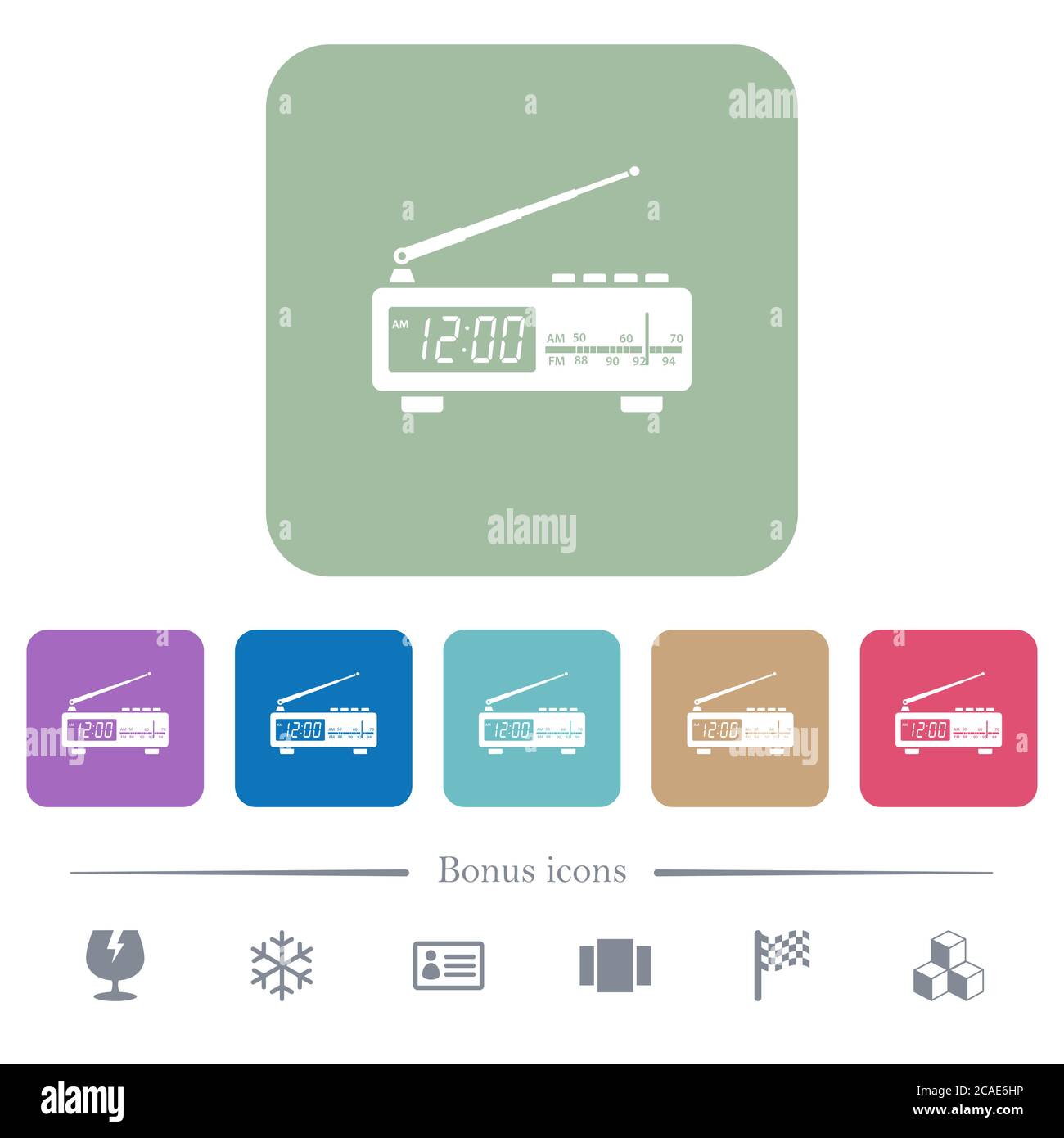 Vintage radio clock white flat icons on color rounded square ...