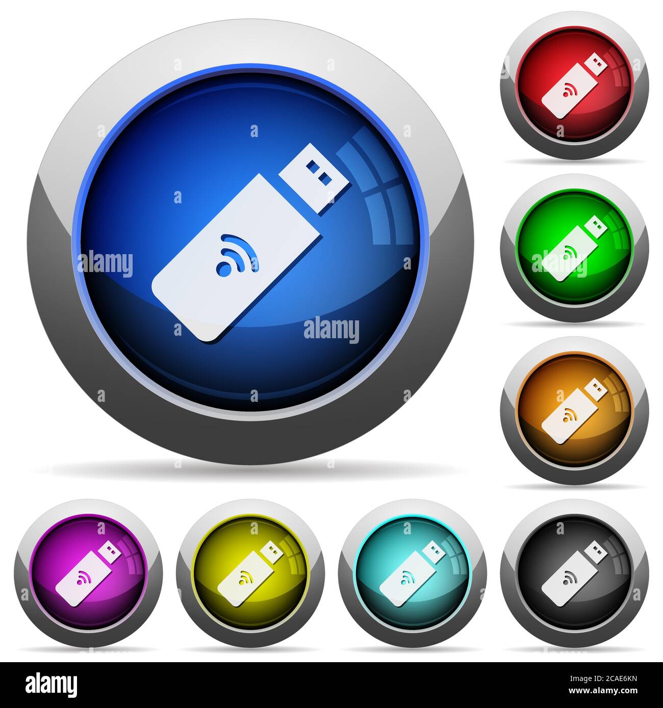 Wireless usb stick icons in round glossy buttons with steel frames ...