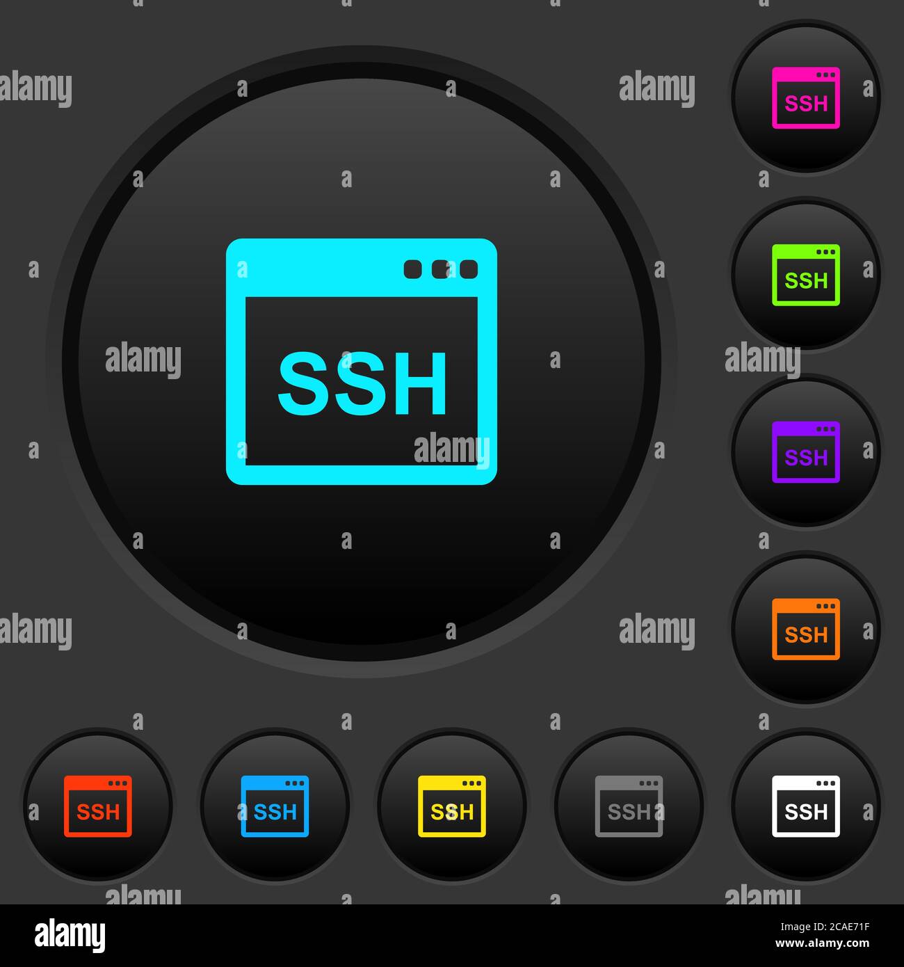 Ssh Client Application Dark Push Buttons With Vivid Color Icons On Dark Grey Background Stock