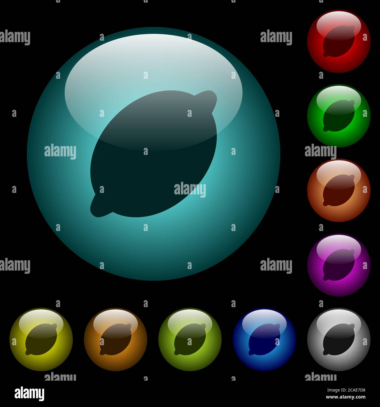Single lemon icons in color illuminated spherical glass buttons on ...