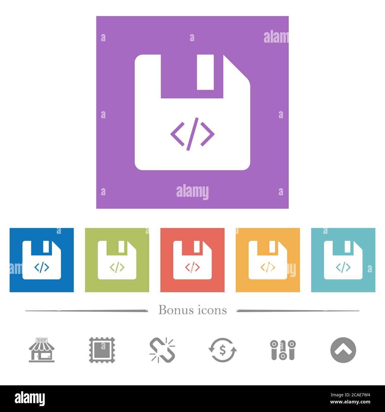 Script file flat white icons in square backgrounds. 6 bonus icons ...