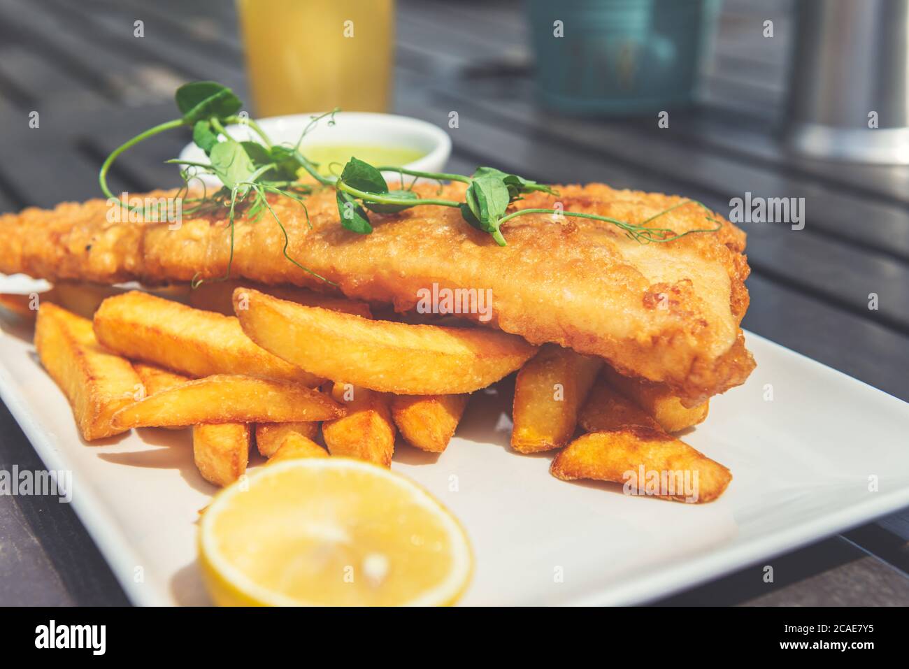 Fish and Chips with peas Stock Photo - Alamy