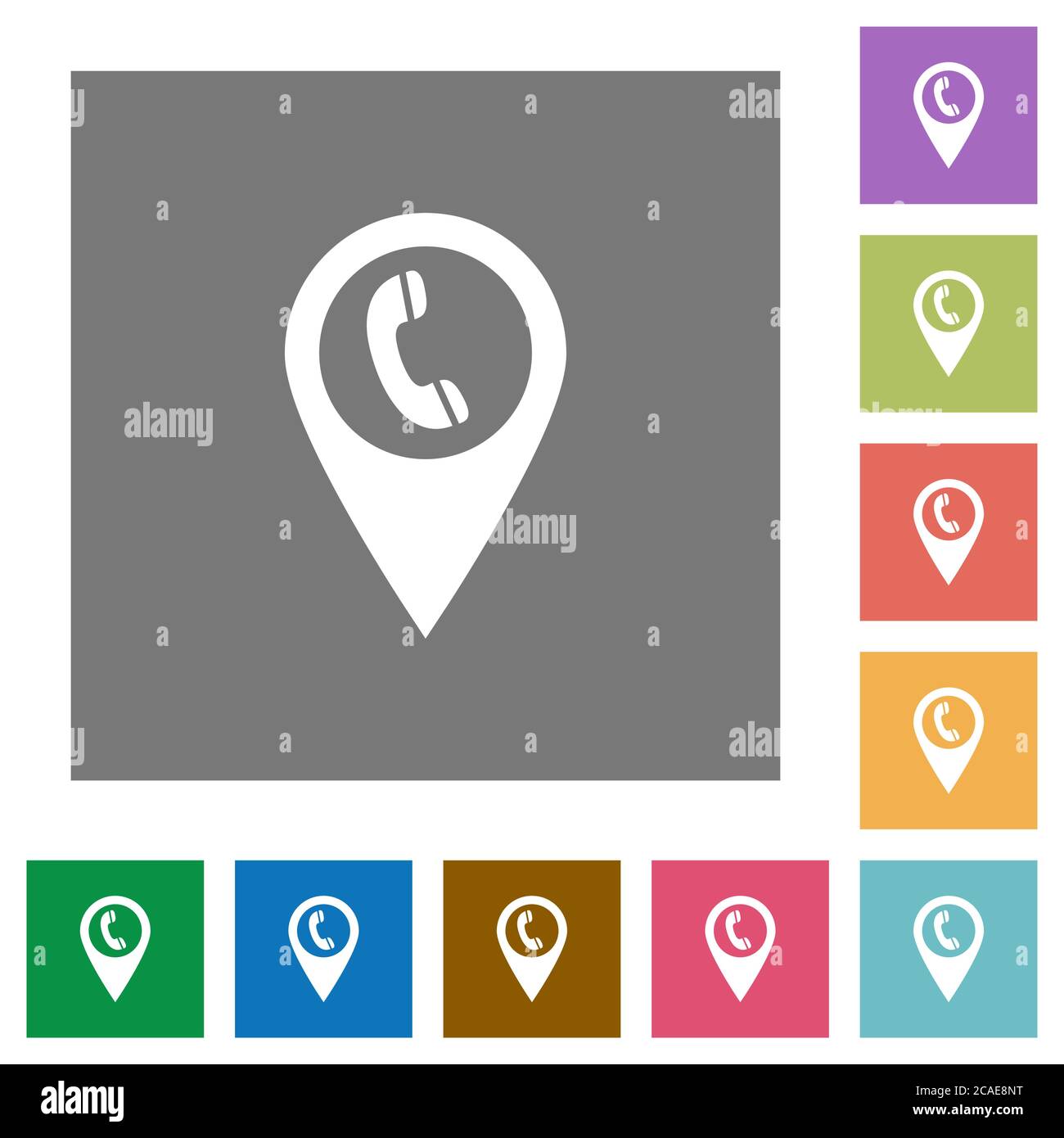 Call box GPS map location flat icons on simple color square backgrounds ...