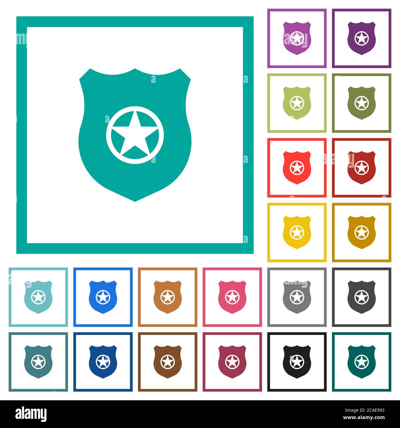 Police badge flat color icons with quadrant frames on white background ...
