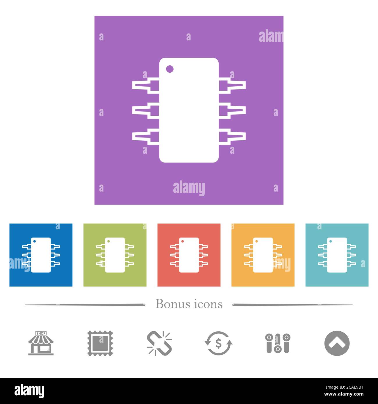 Integrated circuit flat white icons in square backgrounds. 6 bonus ...