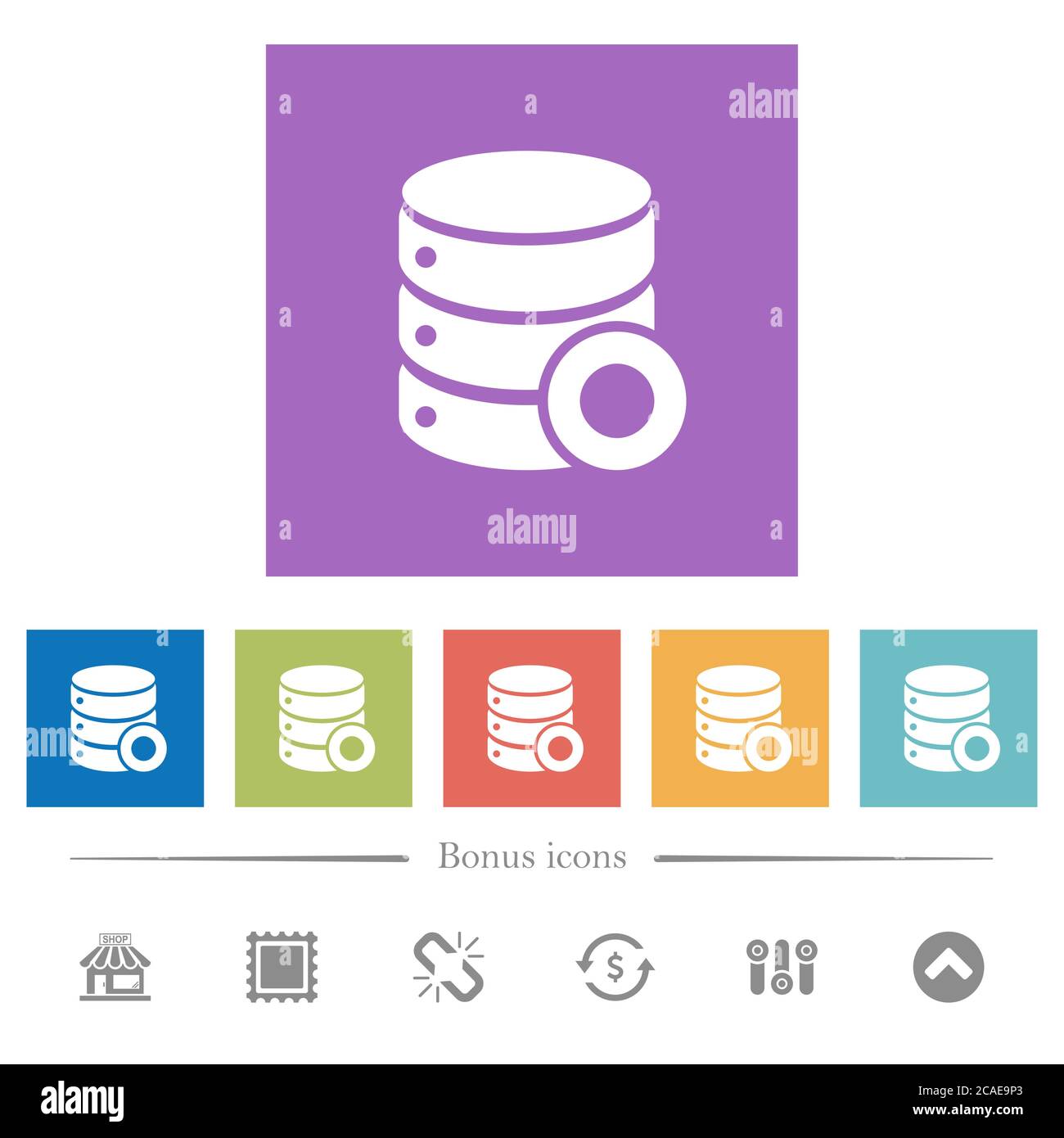 Database macro record flat white icons in square backgrounds. 6 bonus ...