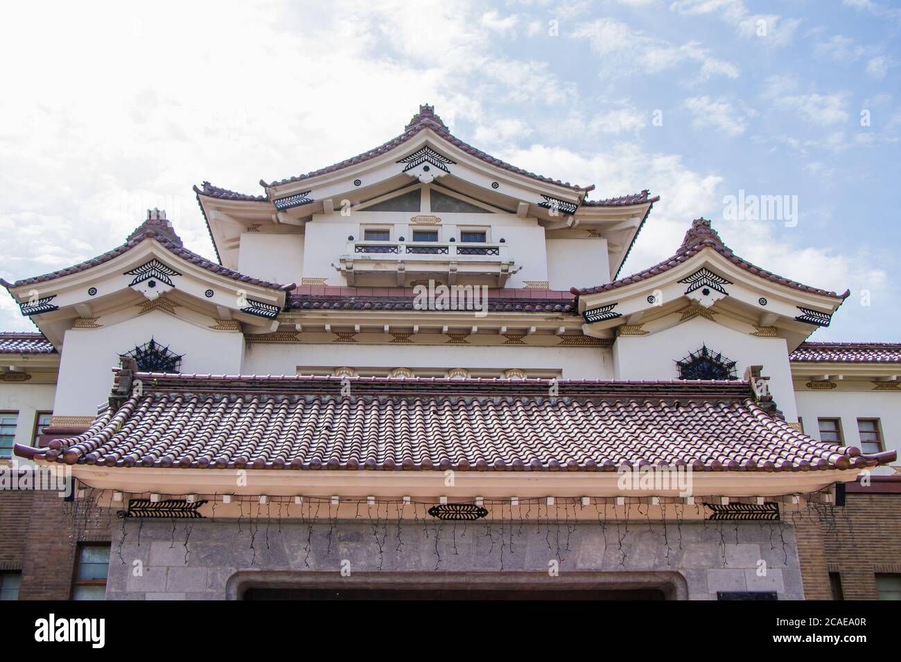 Yuzhno-Sakhalinsk, Russia - August 29, 2019. Fragment of the facade of ...