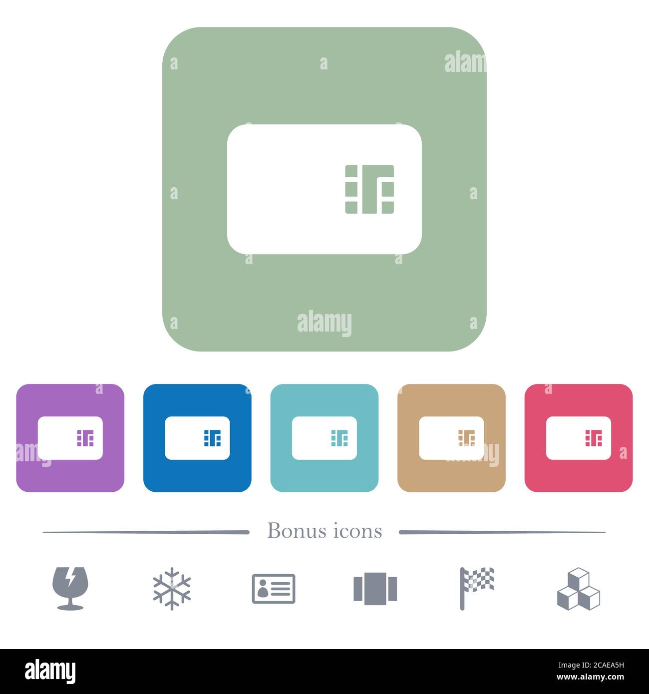 Chip card white flat icons on color rounded square backgrounds. 6 bonus ...