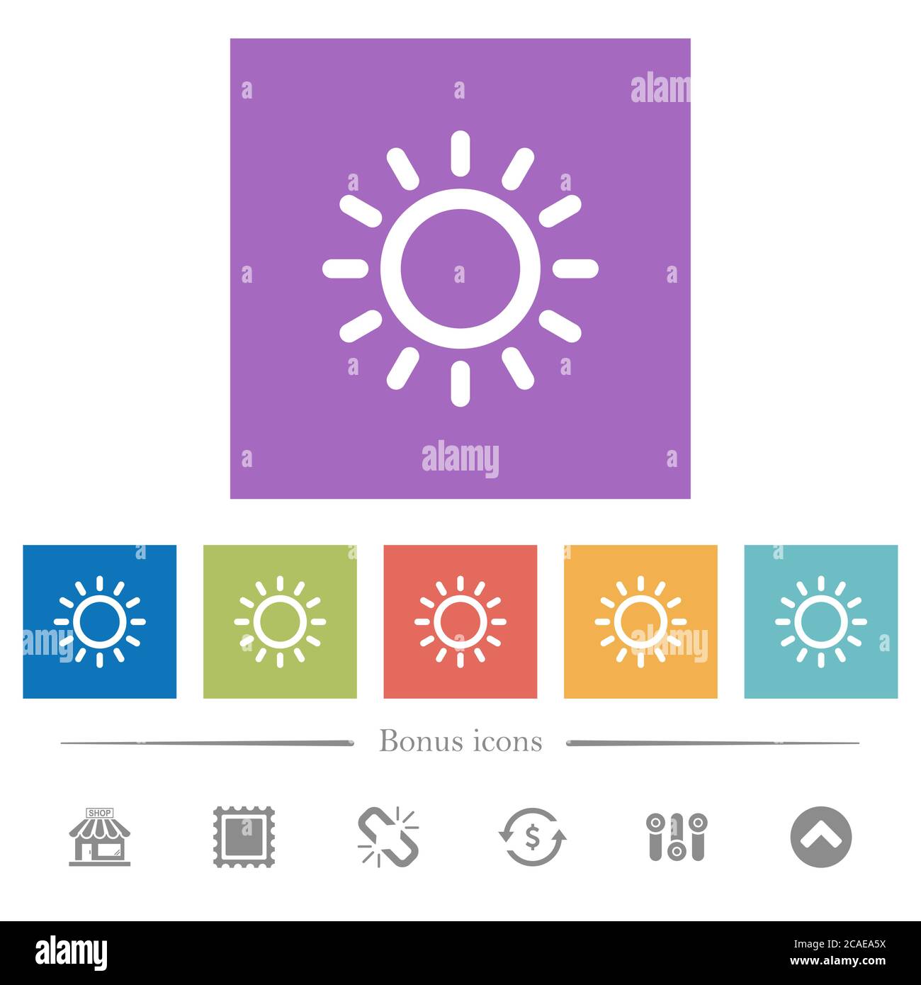 Brightness control flat white icons in square backgrounds. 6 bonus ...