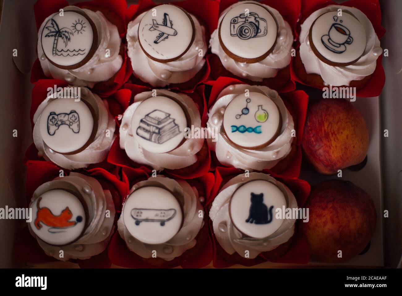 Top view of cupcakes with different minimal drawings on them with ...