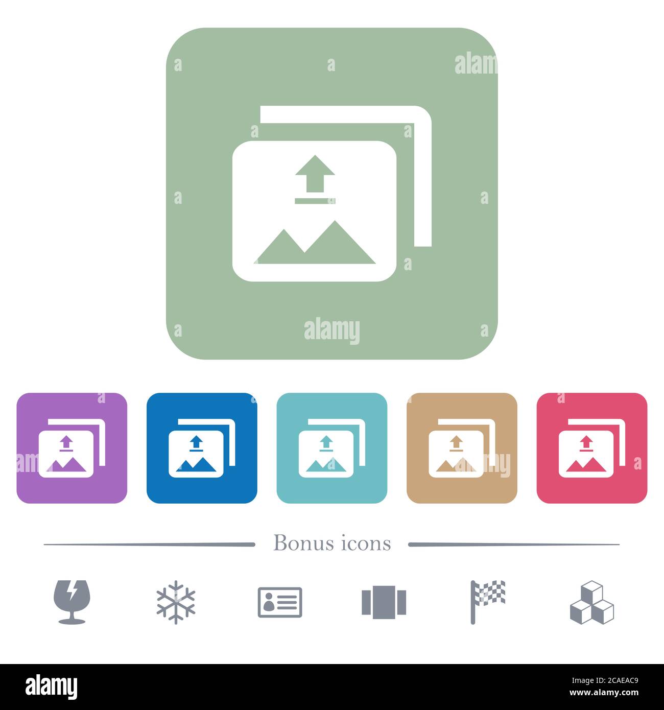 Upload multiple images white flat icons on color rounded square backgrounds. 6 bonus icons ...