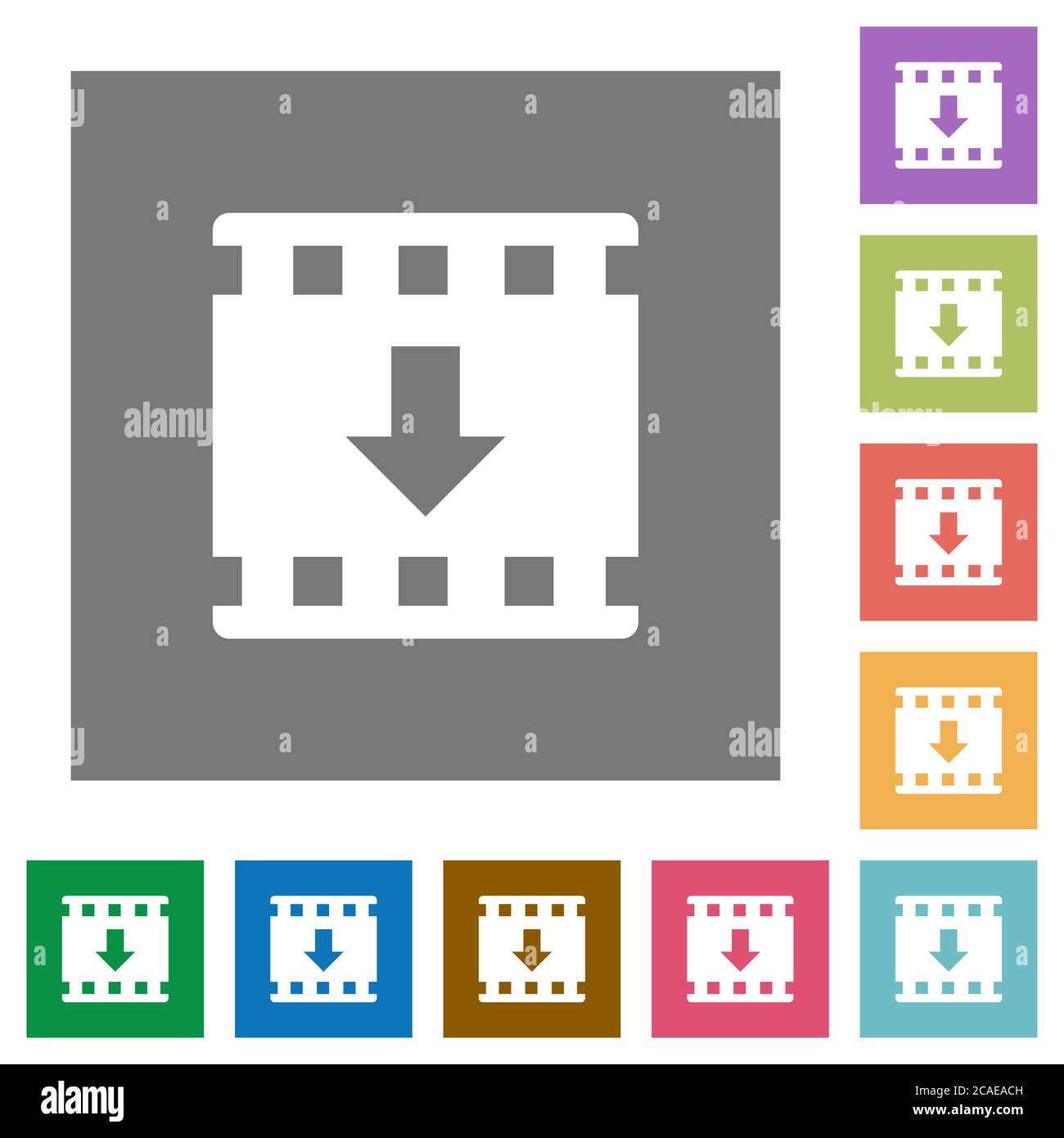 Move down movie flat icons on simple color square backgrounds Stock ...