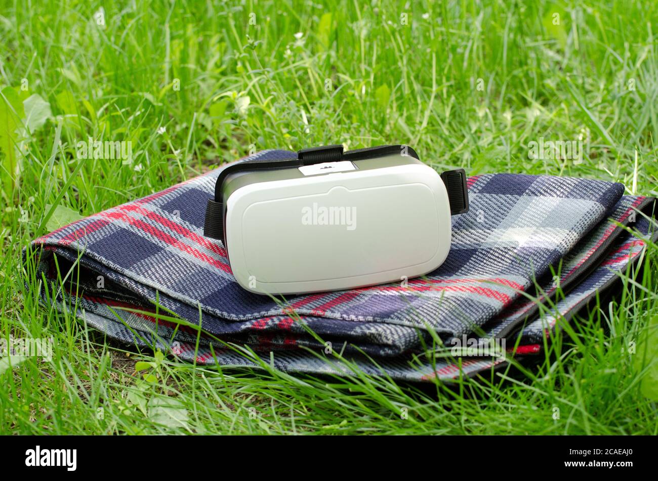 Plaid with a helmet of virtual reality lies on the green grass Stock ...