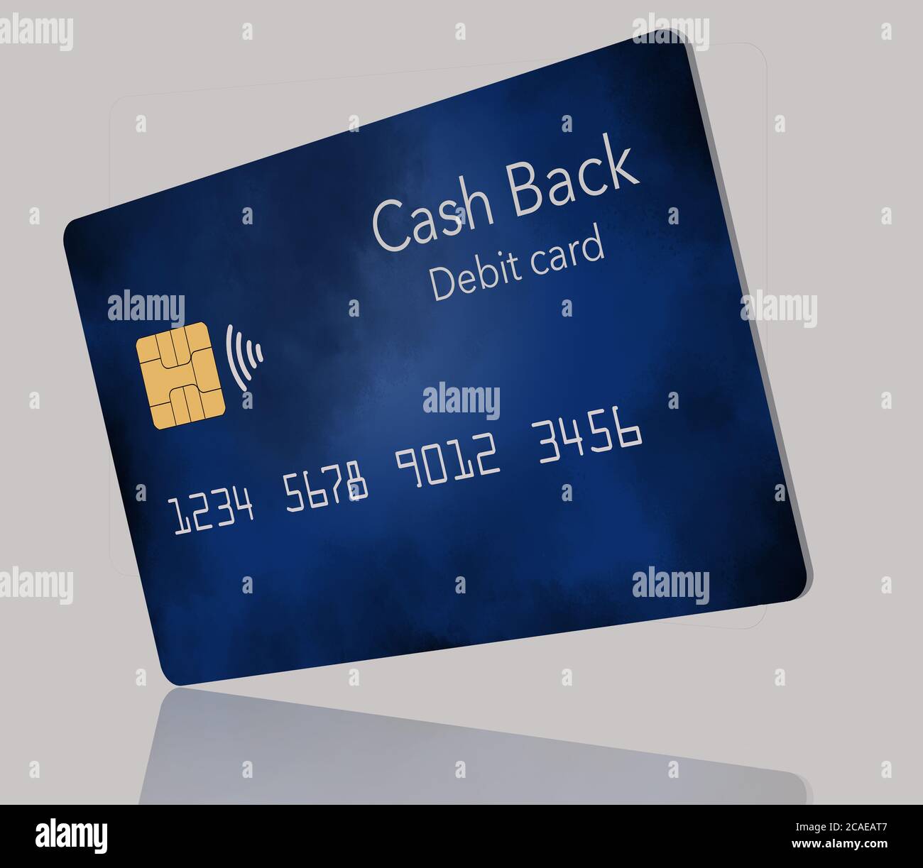 Here is generic, mock cash back debit card. It is a blue card with ...