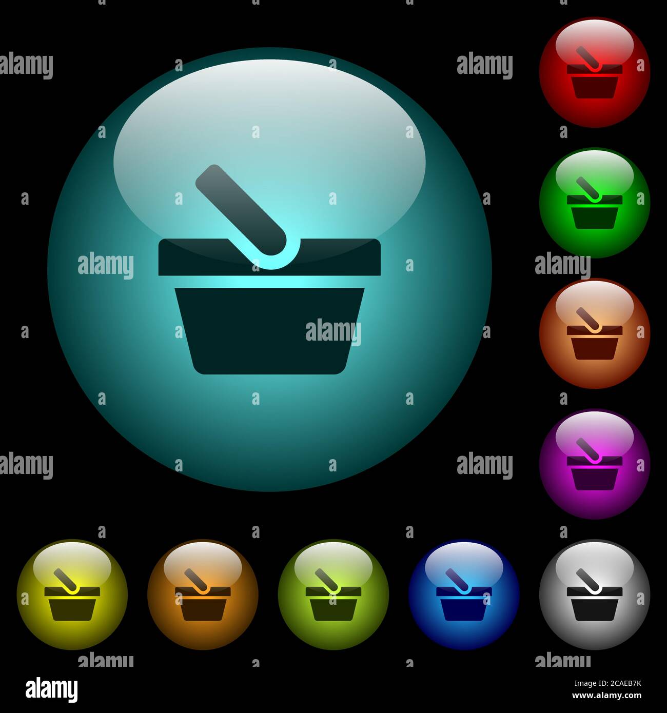 Shopping basket icons in color illuminated spherical glass buttons on ...