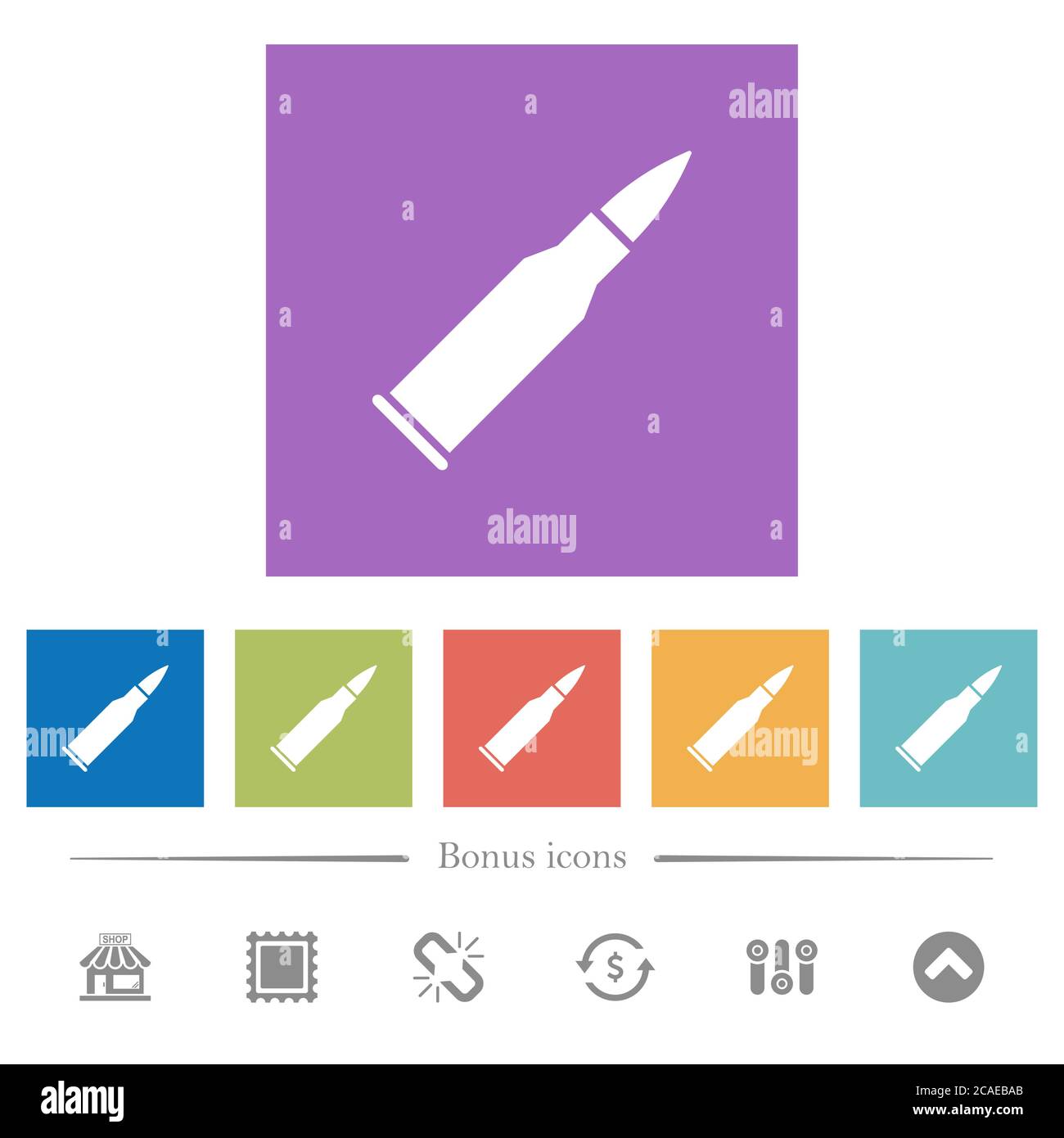Bullet rifle ammo flat white icons in square backgrounds. 6 bonus icons ...