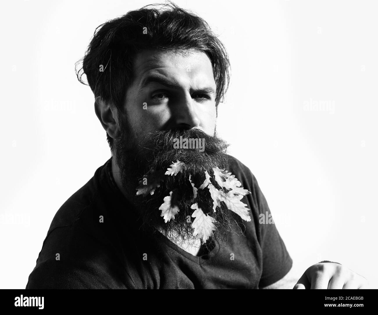 handsome bearded man with stylish mustache and autumn yellow leaves in ...