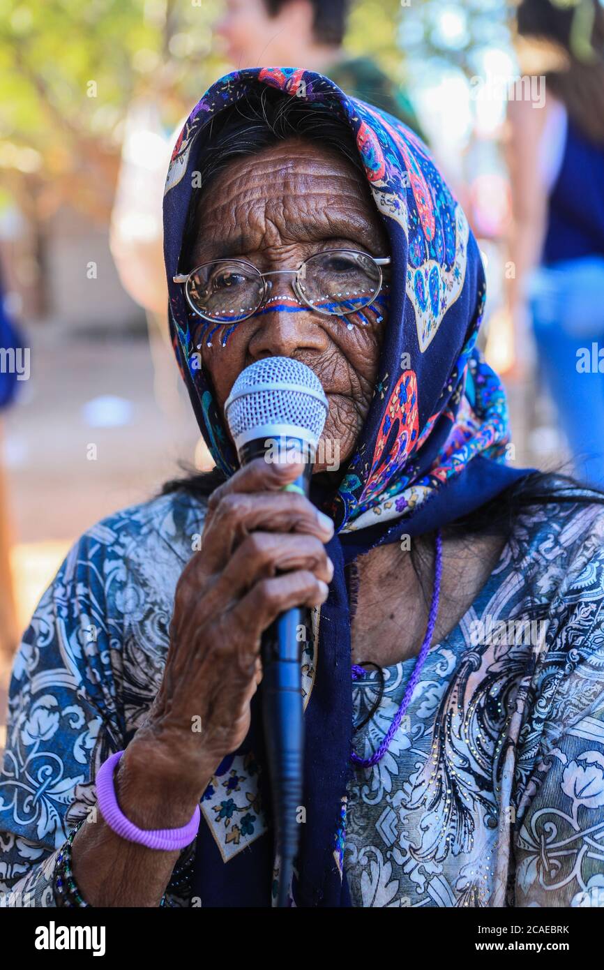 An elderly Seri woman performs traditional and ancestral songs during ...