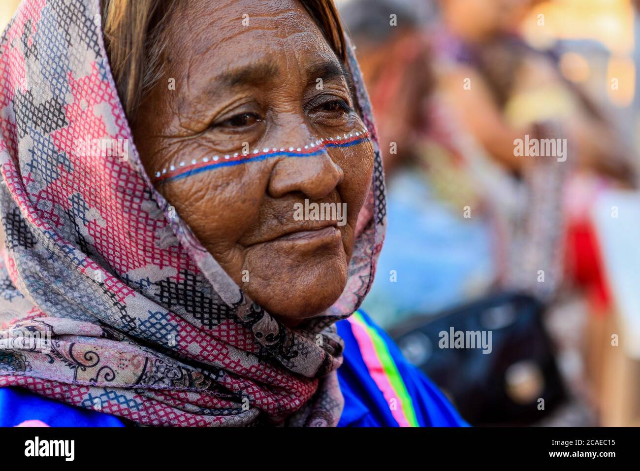 An elderly Seri woman performs traditional and ancestral songs during ...