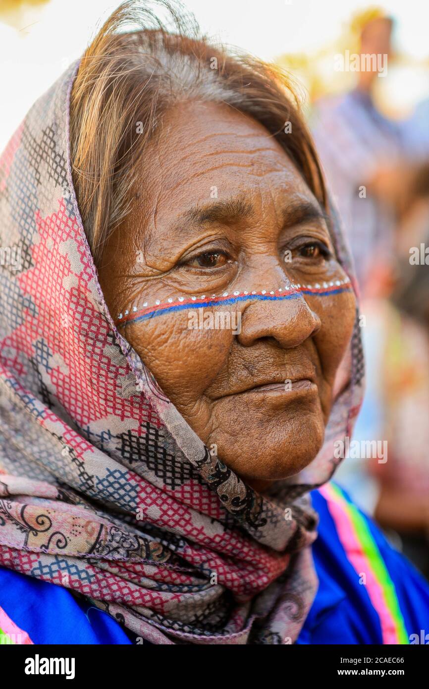 An elderly Seri woman performs traditional and ancestral songs during ...