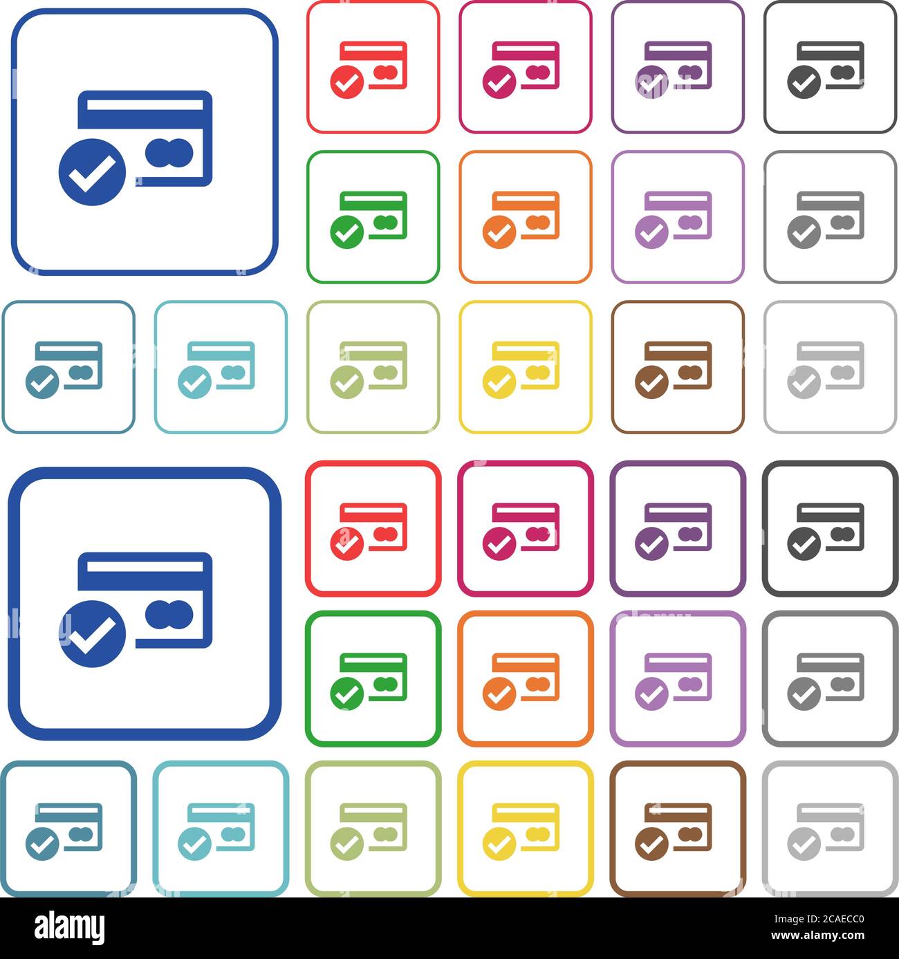 Credit card verified color flat icons in rounded square frames. Thin ...