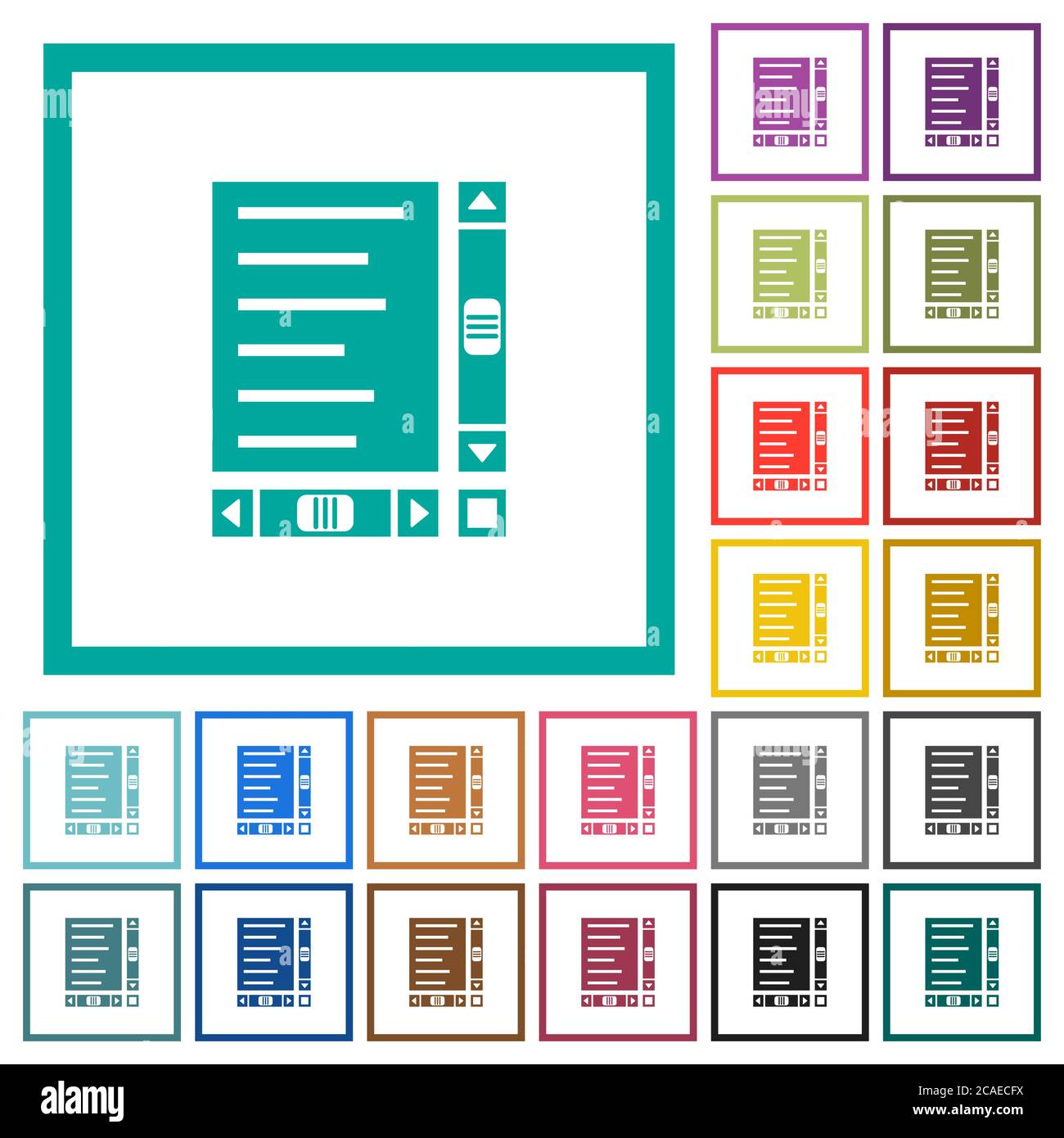 Document with content and scroll bars flat color icons with quadrant frames on white background ...
