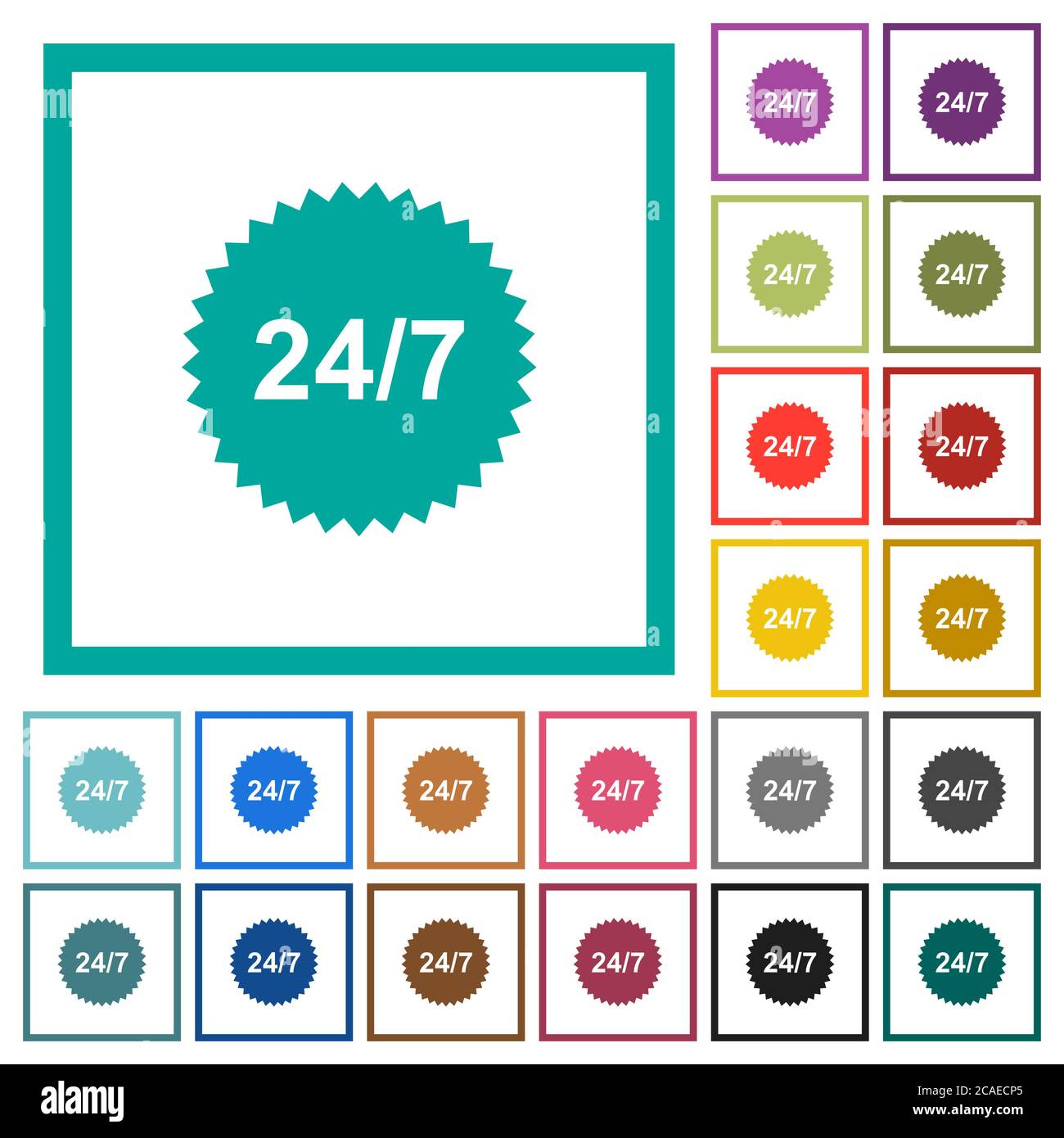 24 hours seven sticker flat color icons with quadrant frames on white ...