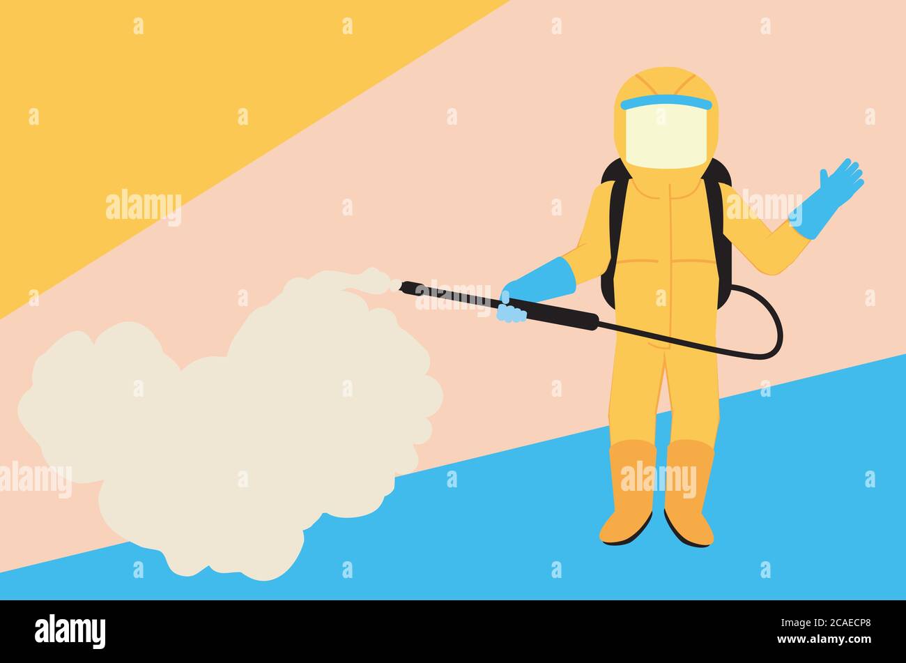 Worker in a personal yellow protective suit sprays disinfectant design ...