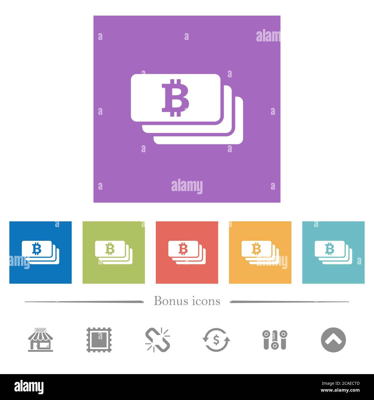 Bitcoin banknotes flat white icons in square backgrounds. 6 bonus icons ...