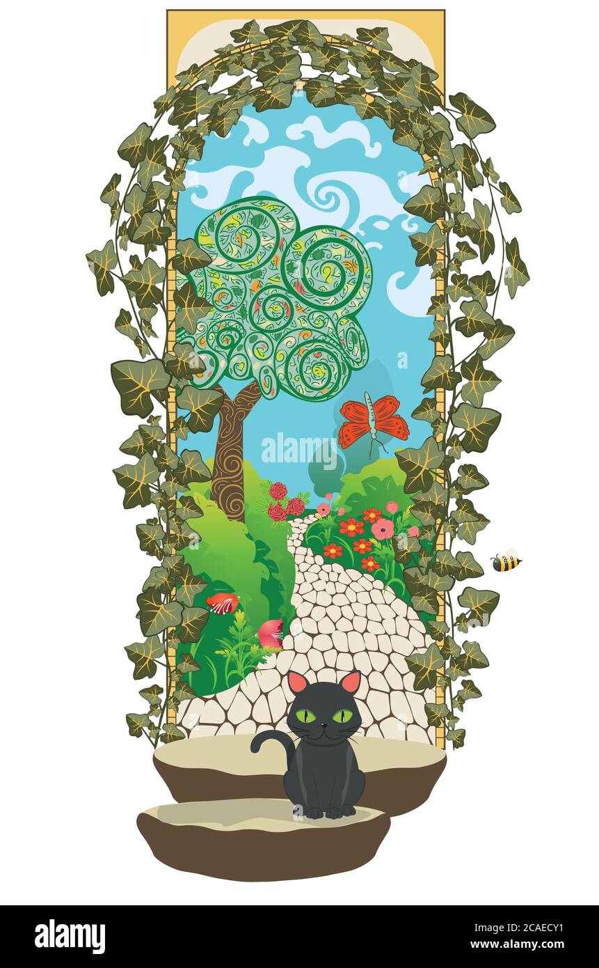 Vintage arch shaped gate in the secret garden illustration Stock Vector ...