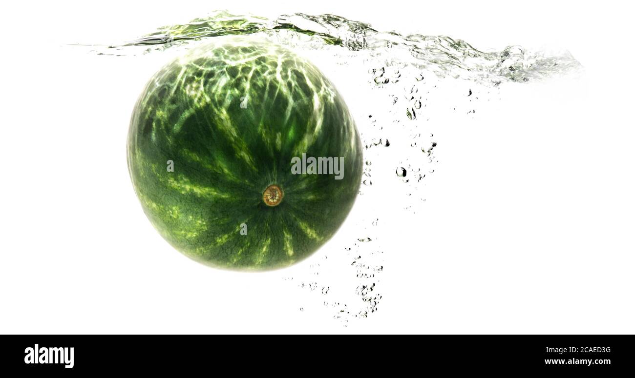 one green striped watermelon falling into water on a white background ...