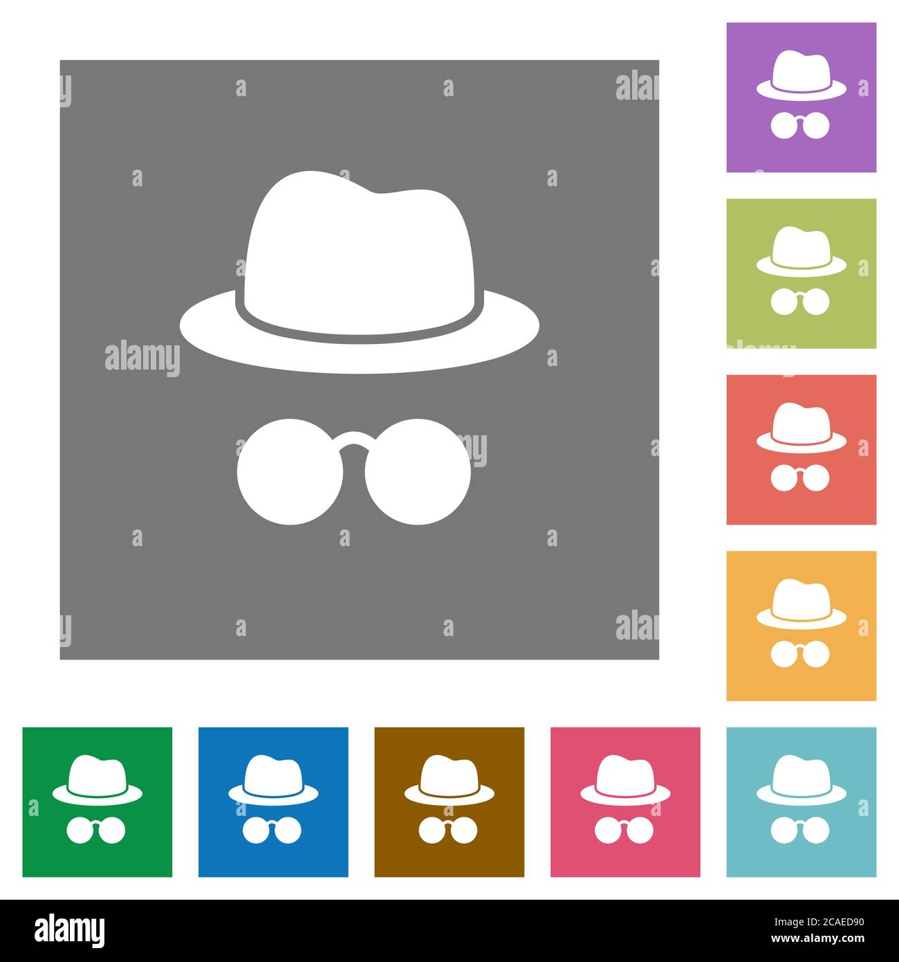 Incognito with glasses flat icons on simple color square backgrounds ...