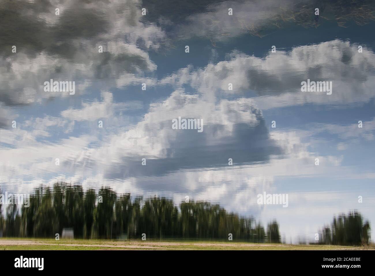 Landscape. Motion blur. Reflection on a smooth river surface of trees ...