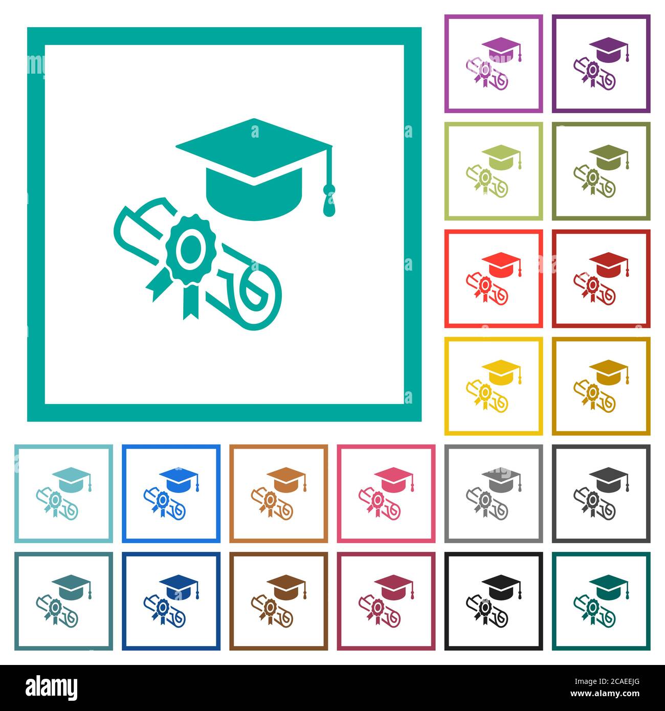 Graduation ceremony flat color icons with quadrant frames on white ...