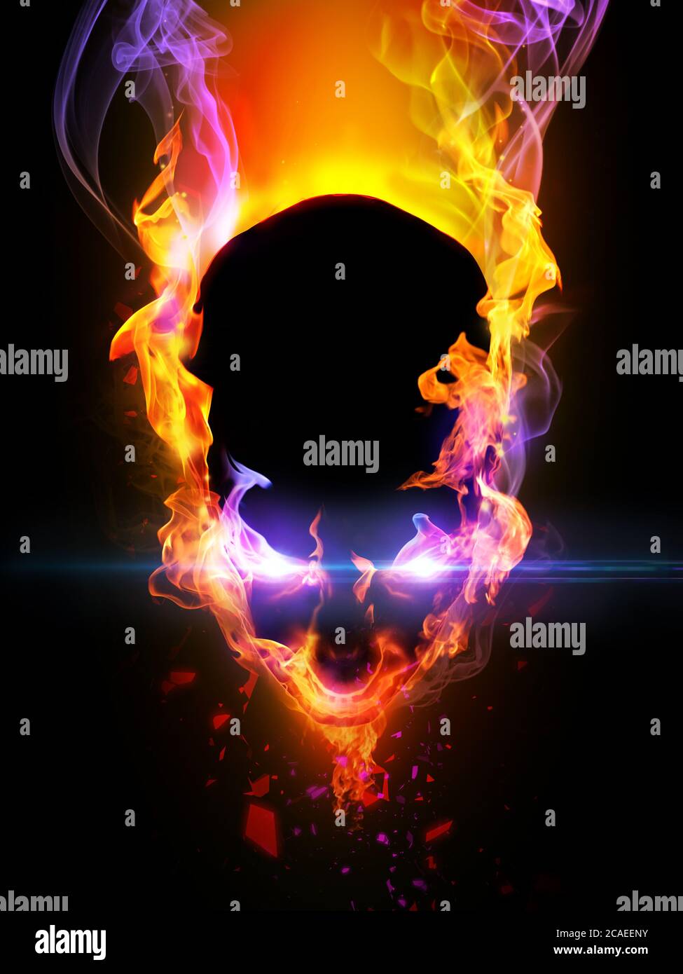 Abstract flaming head with eye shining light and smoke. Halloween ...