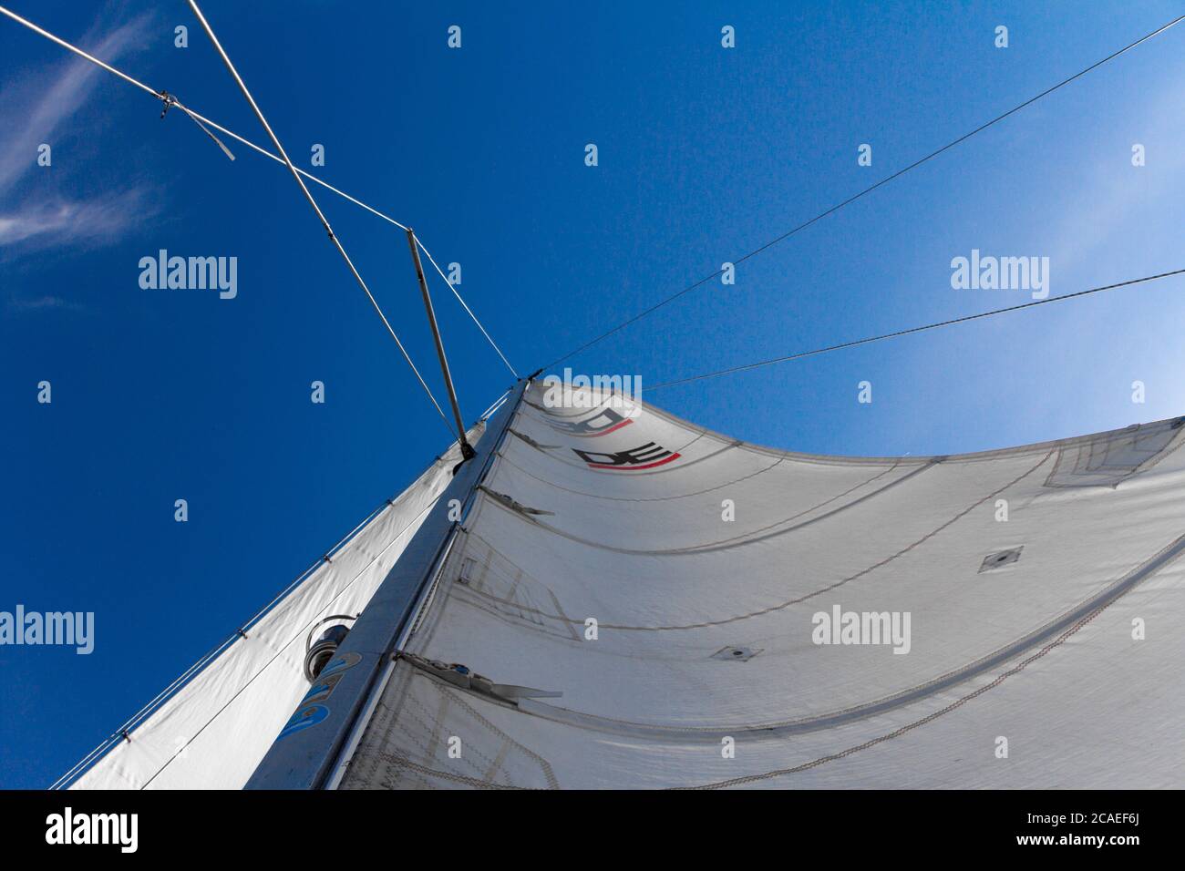 Bottom view of mast and sail of yacht on blue sky background, selective ...