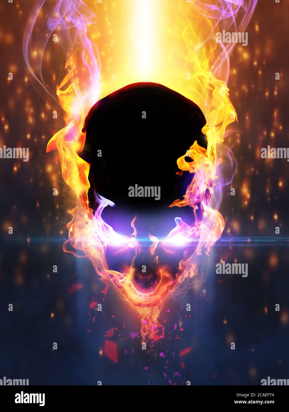 Abstract flaming head with eye shining light and smoke. Halloween ...