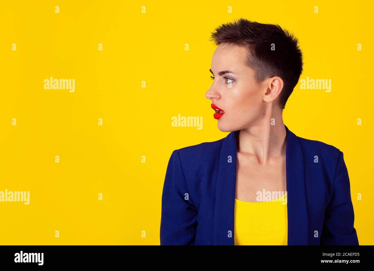 Closeup side view profile portrait beautiful girl woman talking singing ...