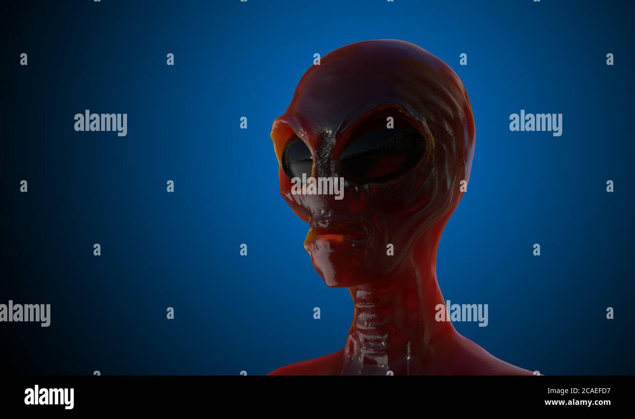 Red alien, 3d rendered illustration of a humanoid alien on blue ...