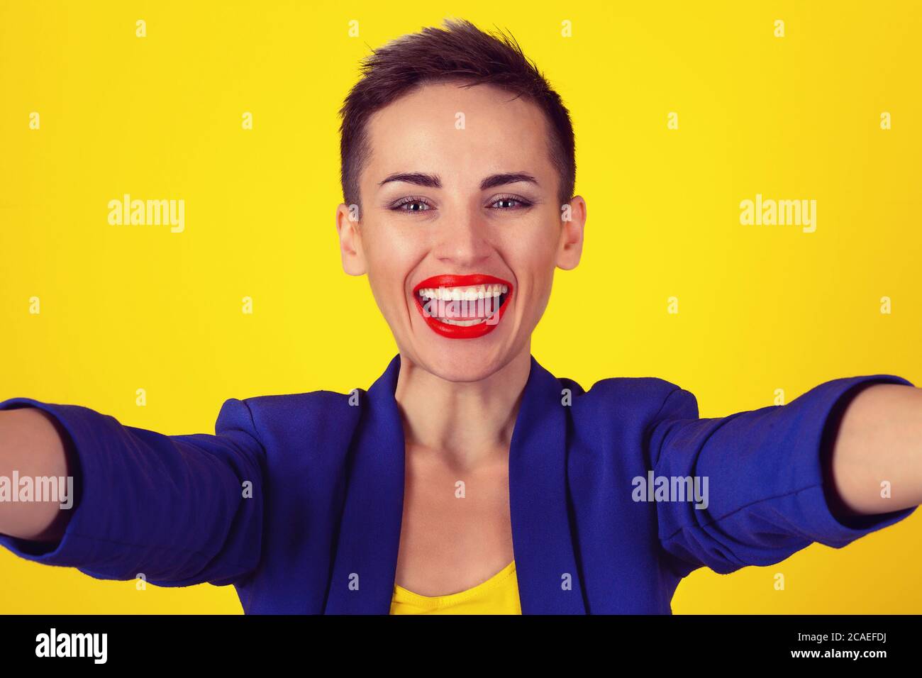 Happy, selfie shot. Closeup excited woman short hair girl smiling ...