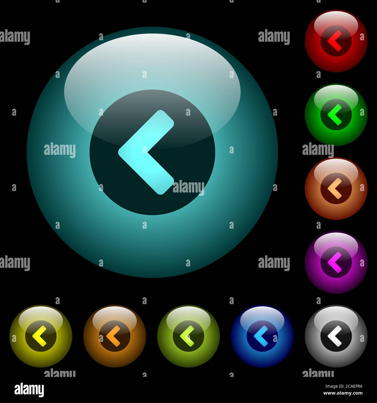 Chevron left icons in color illuminated spherical glass buttons on ...