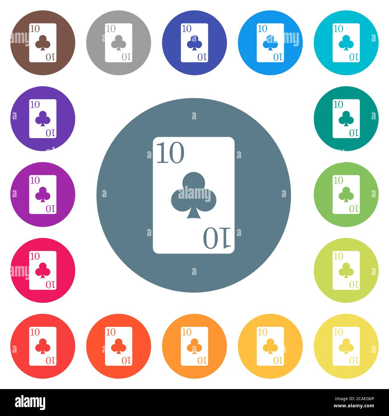 Ten of clubs card flat white icons on round color backgrounds. 17 ...