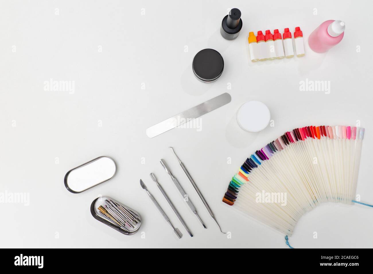 Set for manicure. Tools, nail file, palette, care products. White ...