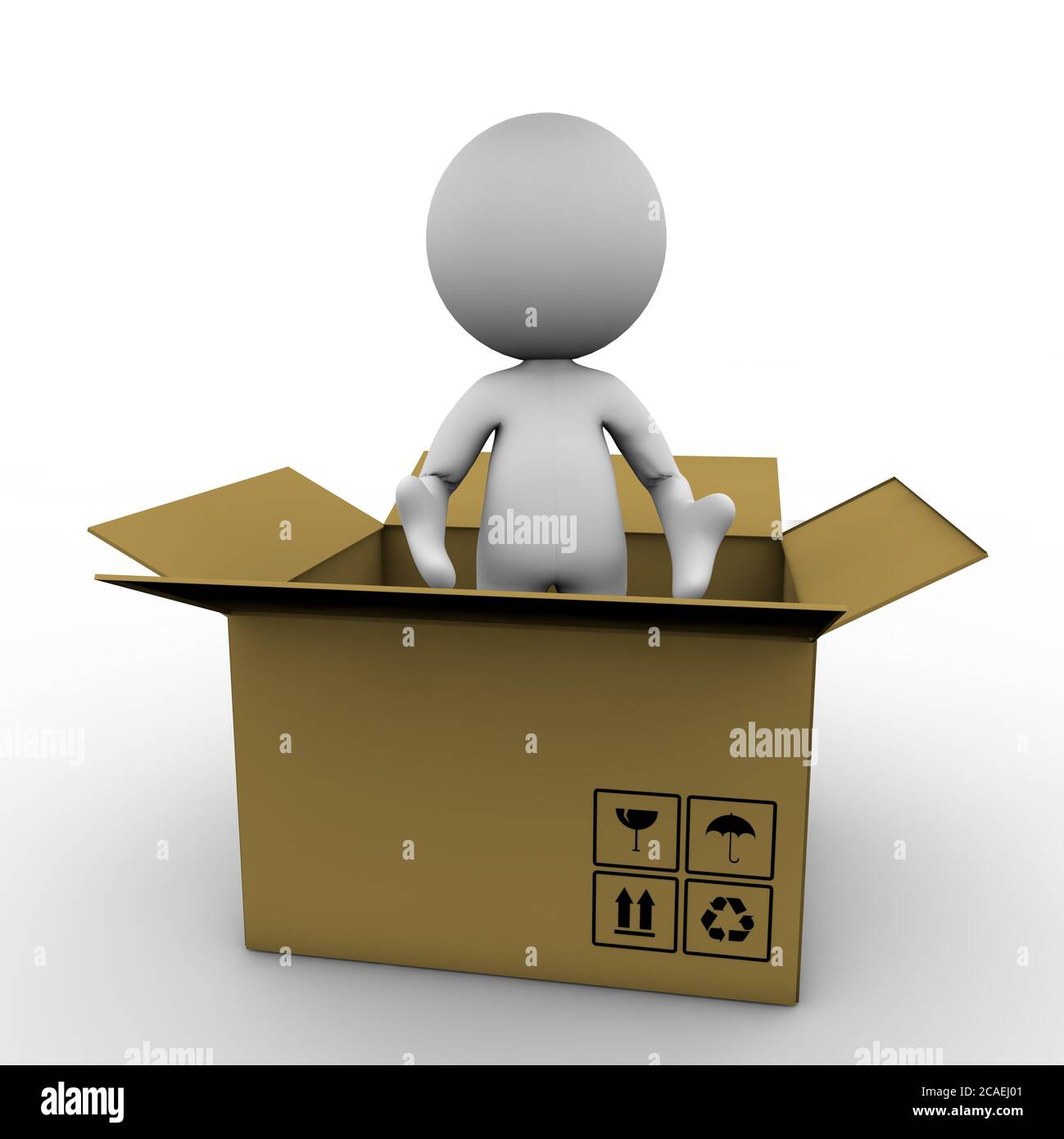 3d render of a white figure inside a cardboard box on a white ...