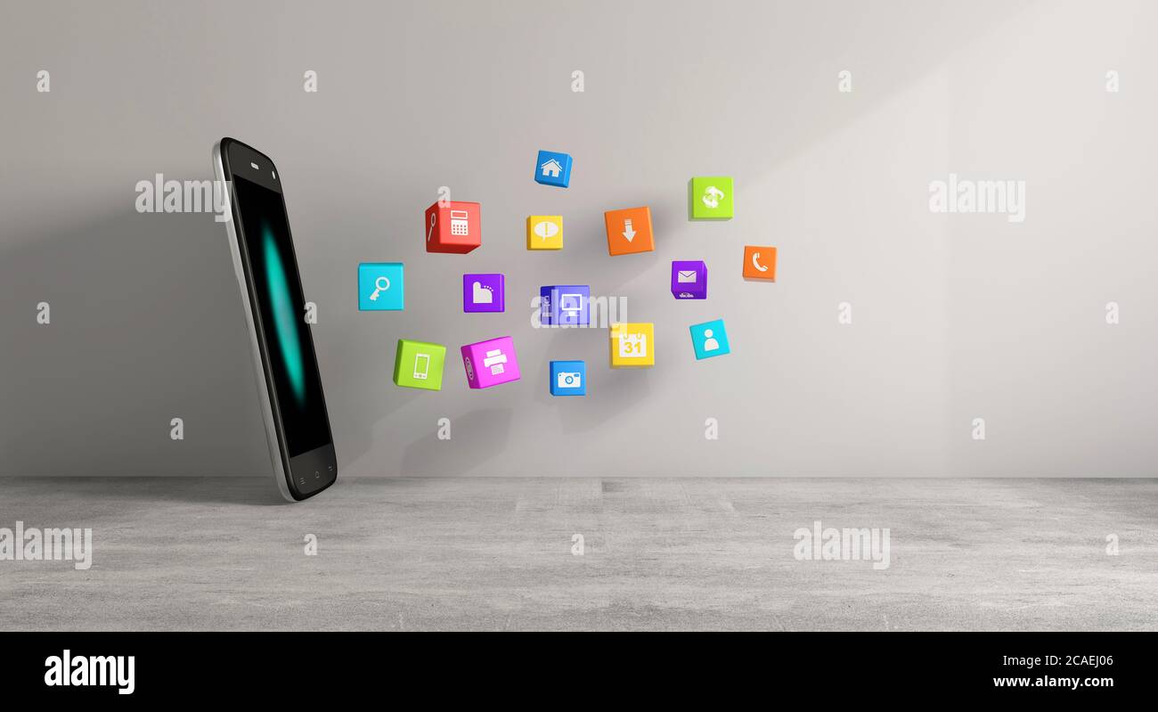 3d render of a cellphone with application icons floating by it on a ...