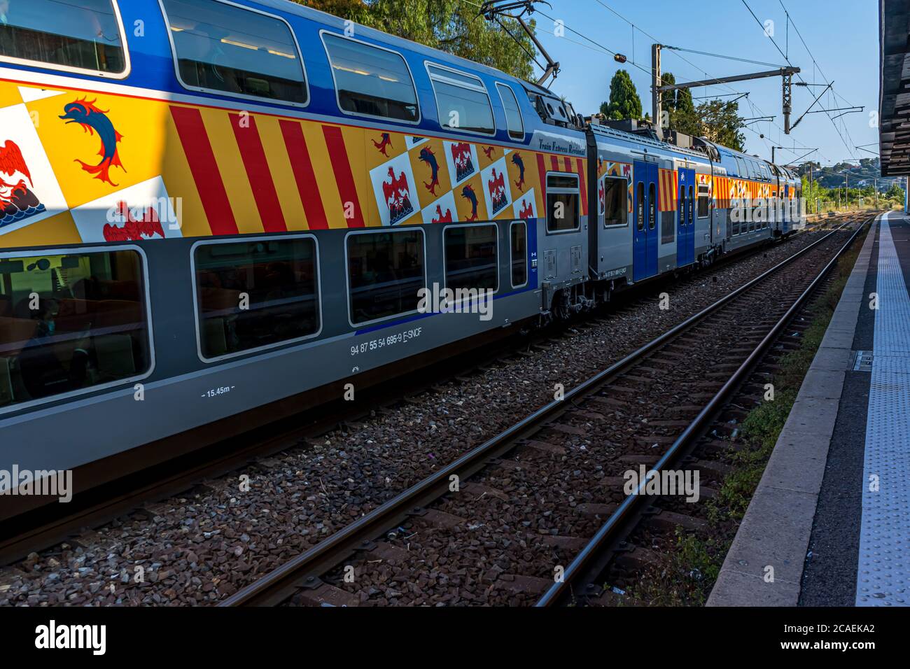 Villefranche -Sur -Mer, France 16.07.2020 Modern intercity train on ...